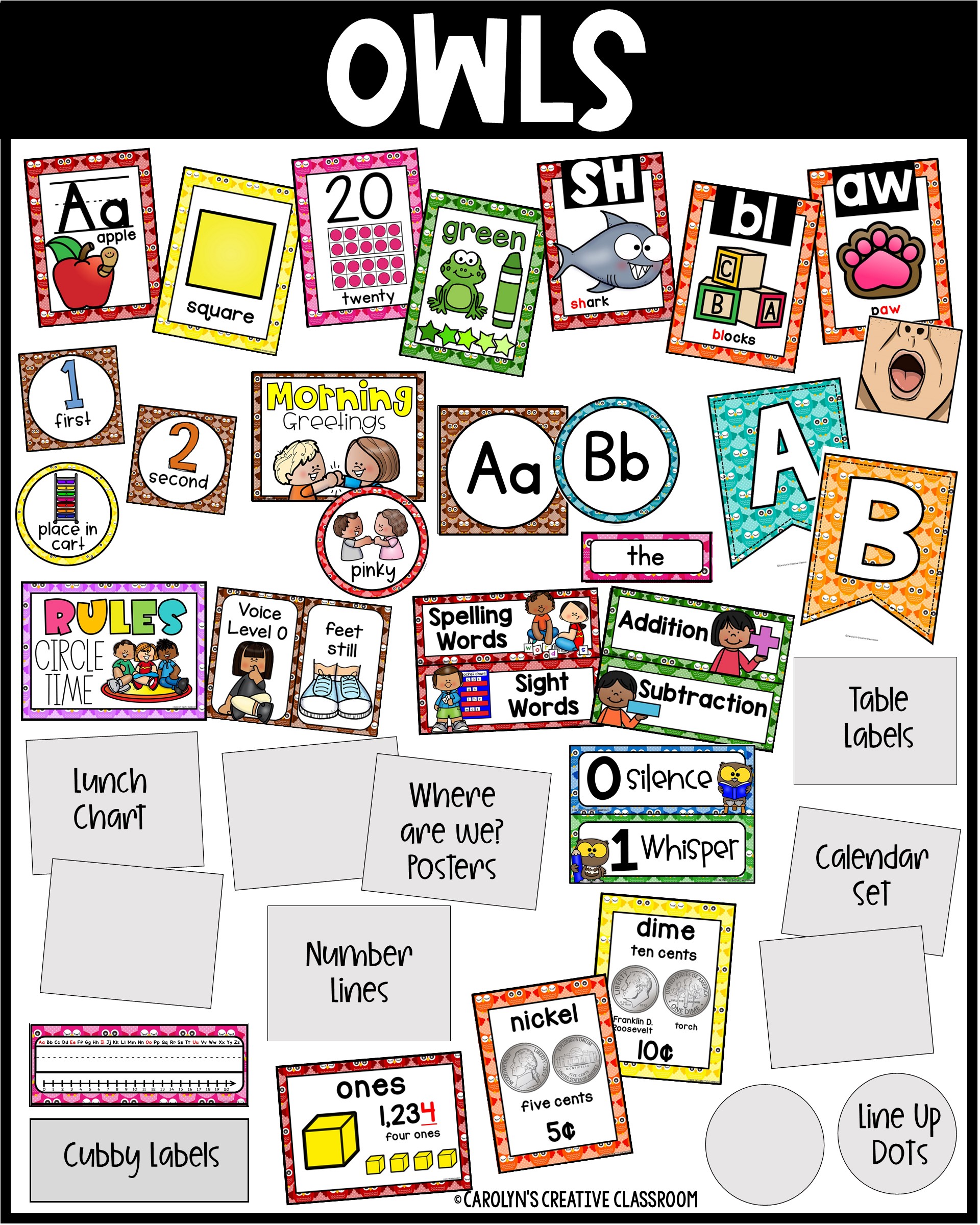 Owl Décor – Set# 3 – Carolyn's Creative Classroom