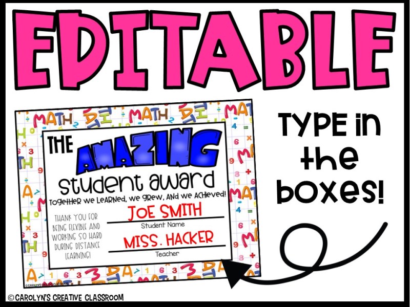 EDITABLE Distance Learning MATH Award | #DistanceLearning