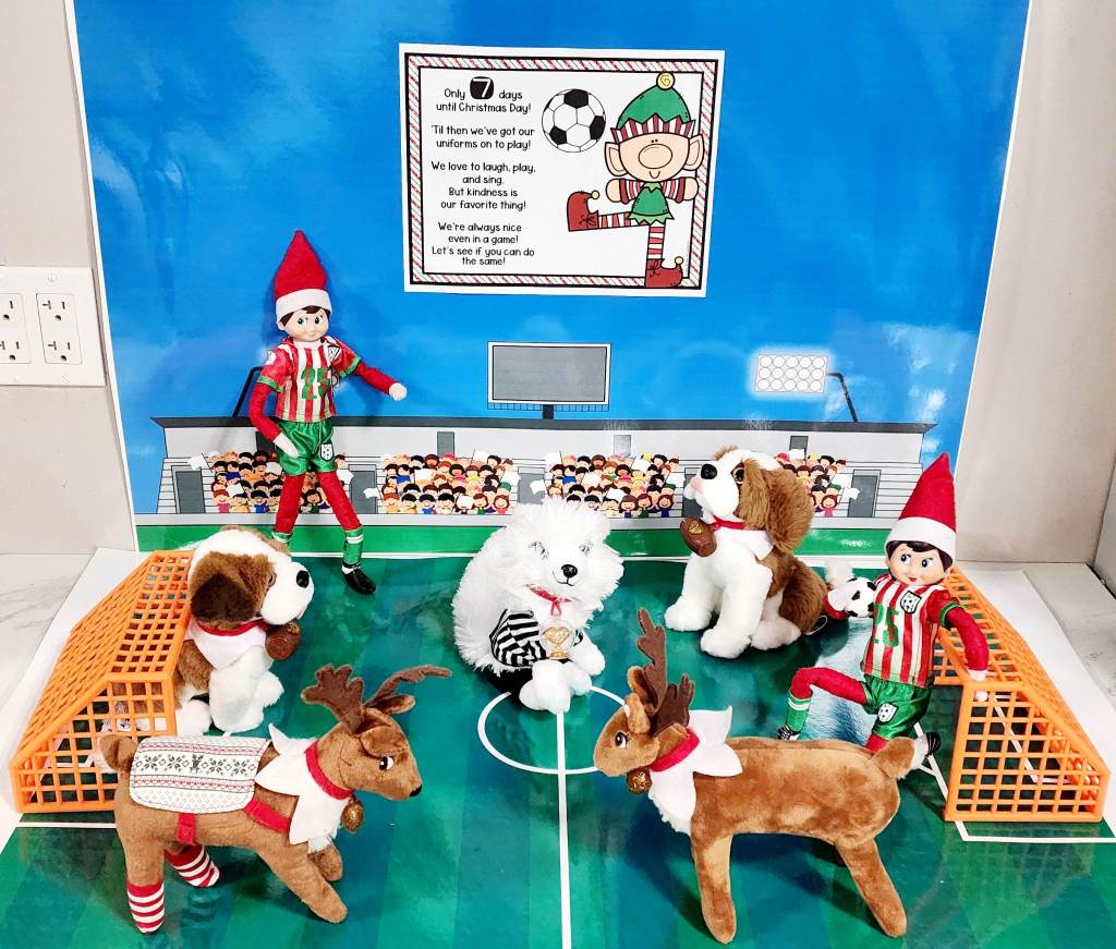 Elf playing Soccer with KINDNESS Printable Poster and Labels FREEBIE ...
